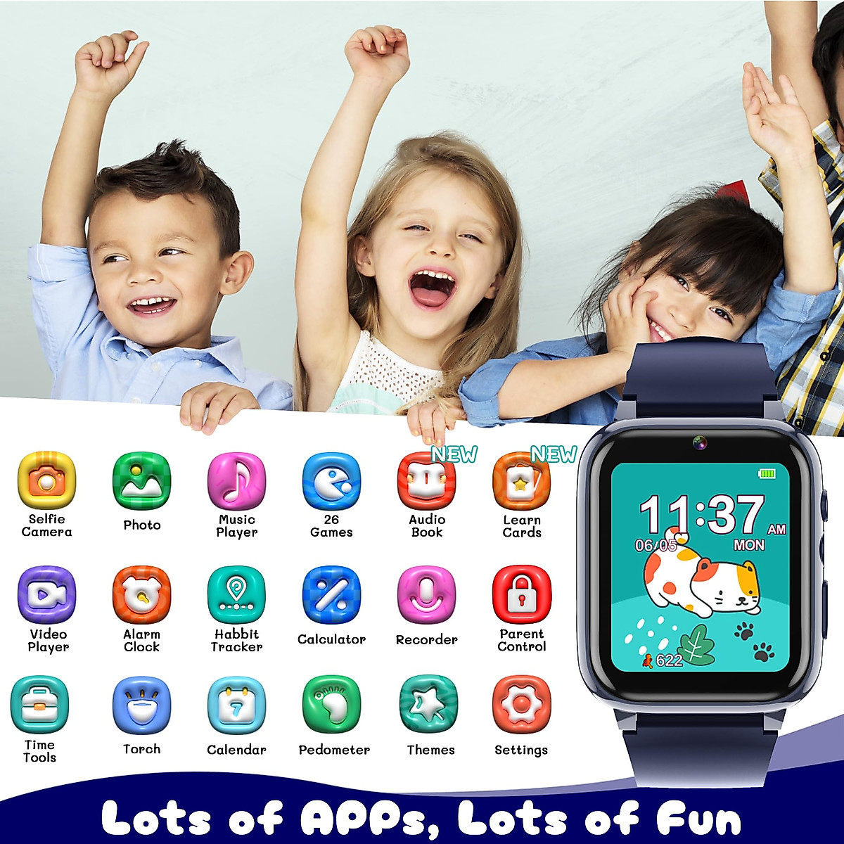 Spodus Kids Smart Watch Boys Smart Watch for Kids with 26 Games Calculator Watch for Boys Ages 3-12 Learning Card Audio Book Music Player Video Camera Watch Birthday Gift Toys for Boys