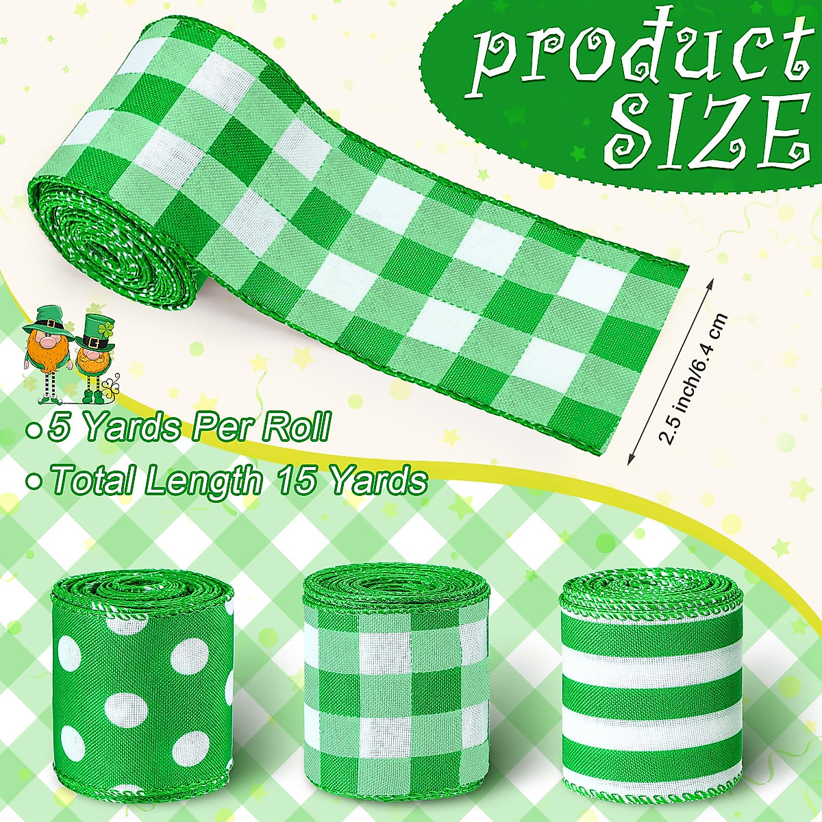 3 Rolls 15 Yards St. Patrick's Day Burlap Wired Ribbons Green Wrapping Ribbons Farmhouse Craft Ribbon Plaid Striped Dot Ribbons for Saint Patty's Day Party Irish Home DIY Crafts Holiday Decoration