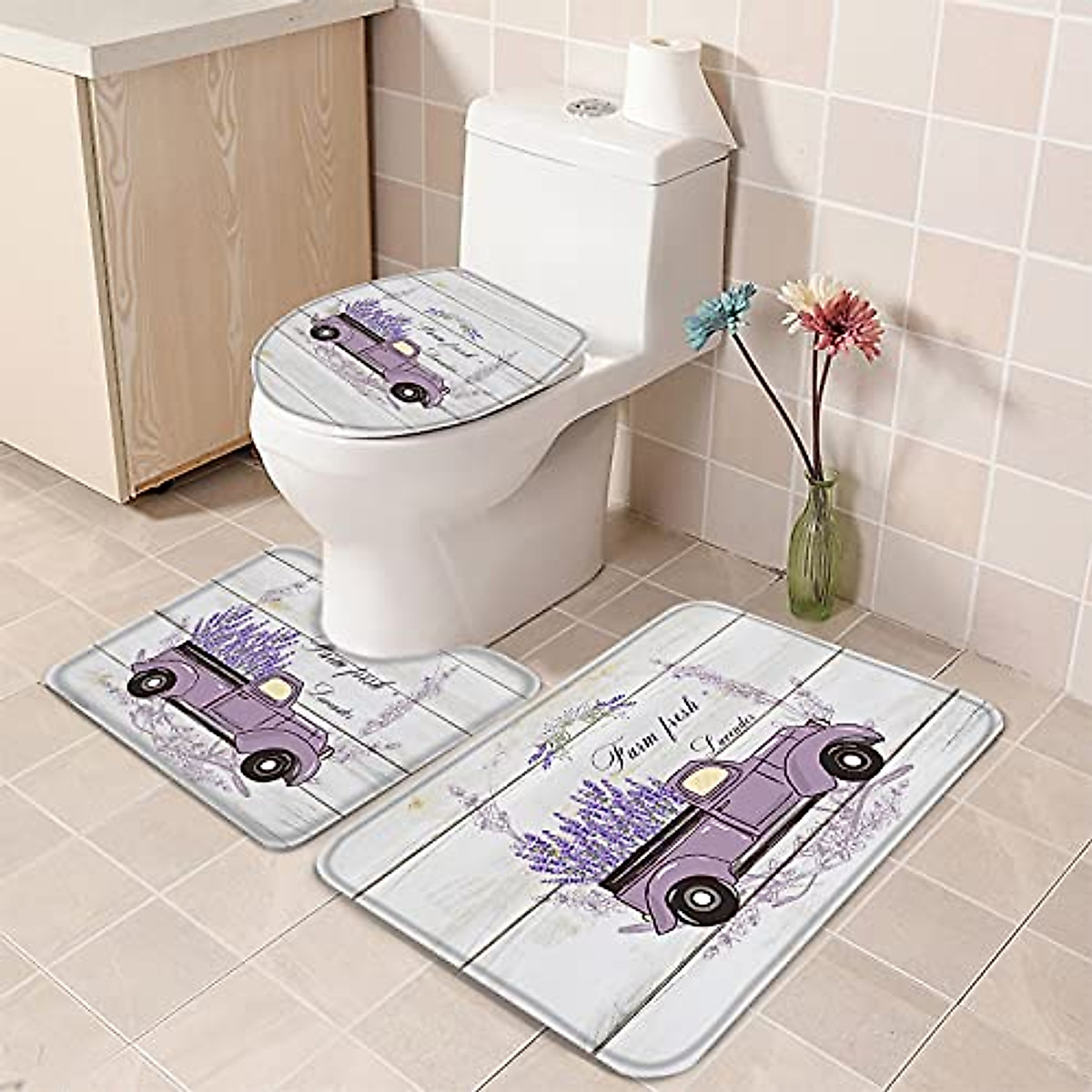 Lavender 3 Piece Bath Rugs Sets Truck with Lavender Non Slip Bathroom Carpet Farm Fresh Flower Farmhouse Purple Floral Wood Absorbent U-Shaped Toilet Mat, Toilet Lid Cover