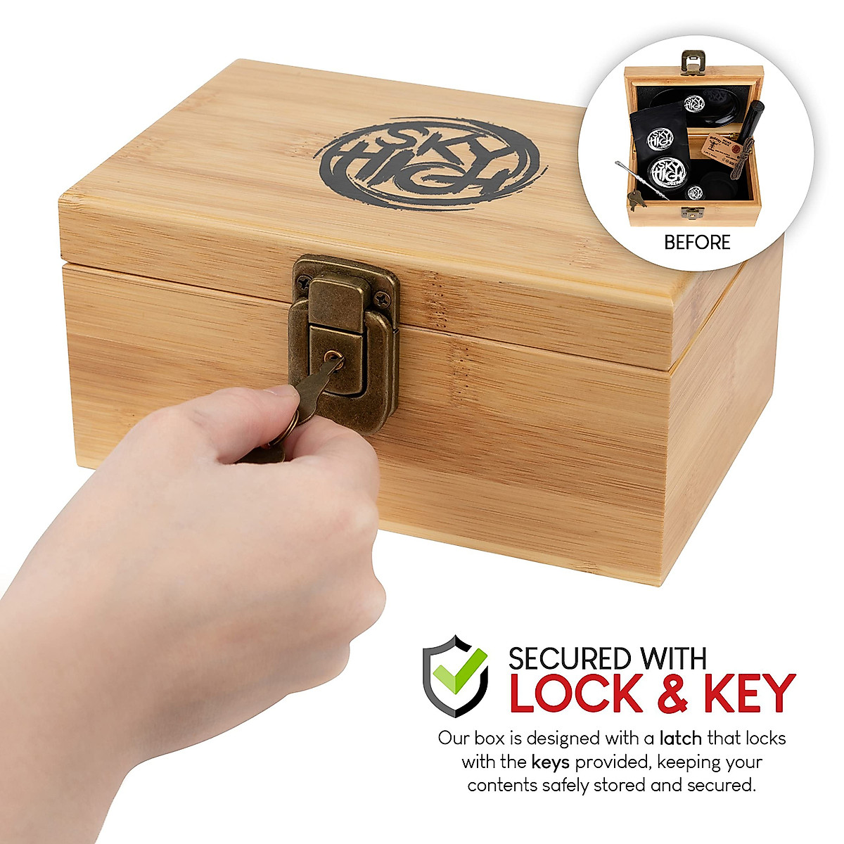 Sky High Dream Smell Proof Wooden Storage Box with Lock and Key - Odorless Portable Storage Case for Accessories - Includes Lock and Key, Storage Jar and Tube, Tray, Resealable Bag, and More