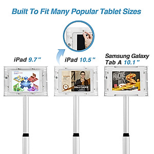 AVLT Height Adjustable Anti-Theft 10.5” Tablet Kiosk Floor Display Stand Compatible with iPad 9.7", 10.2", Pro 10.5", Air 10.5" (Gen 3), Samsung Galaxy Tab A 10.1" (2019) - White