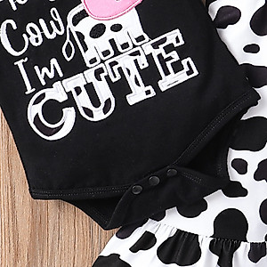 GRNSHTS Newborn Girl Clothes Baby Cow Letter Print Romper+Flared Long Pants+Headband 3PCS Cute Summer Fall Outfits (Black A, 0-3 Months)