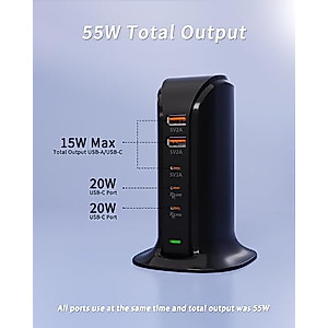 VPSUN USB C Charger Tower 55W, USB Charging Station 5 Port USB Block for iPhone 15/14/13/12, iPad, Samsung Galaxy, Google Pixel,HTC, and Multiple Devices 5V