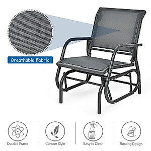 Giantex Swing Glider Chair W/Study Metal Frame Comfortable Patio Chair Love-Seat for Garden, Porch, Backyard, Poolside, Lawn Outdoor Rocking Chair (1, Gray)