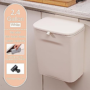 Hanging Kitchen Trash Can,2.4 Gallon Waste Bin with Lid for Kitchen,Small Plastic Compost Bin for Counter Top or Under Sink,Mountable Garbage Can for Bedroom,Bathroom, Cabinet,Car and Office,White