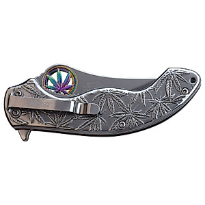 MTECH USA - Folding Knife - Mirror Polished Stainless Steel Blade w/Marijuana Leaf Cut Out, Polished Steel Handle w/Stamped Leaf Design, Pocket Clip, Liner Lock – MT-A1172MR