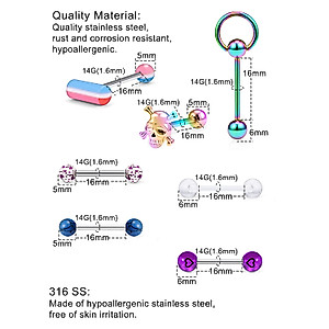 Ronbemo 22Pcs Assorted Styles 14G Tongue Rings Stainless Steel Tongue Piercing Barbells Long Tounge Piercing Jewelry for Women Men Rainbow
