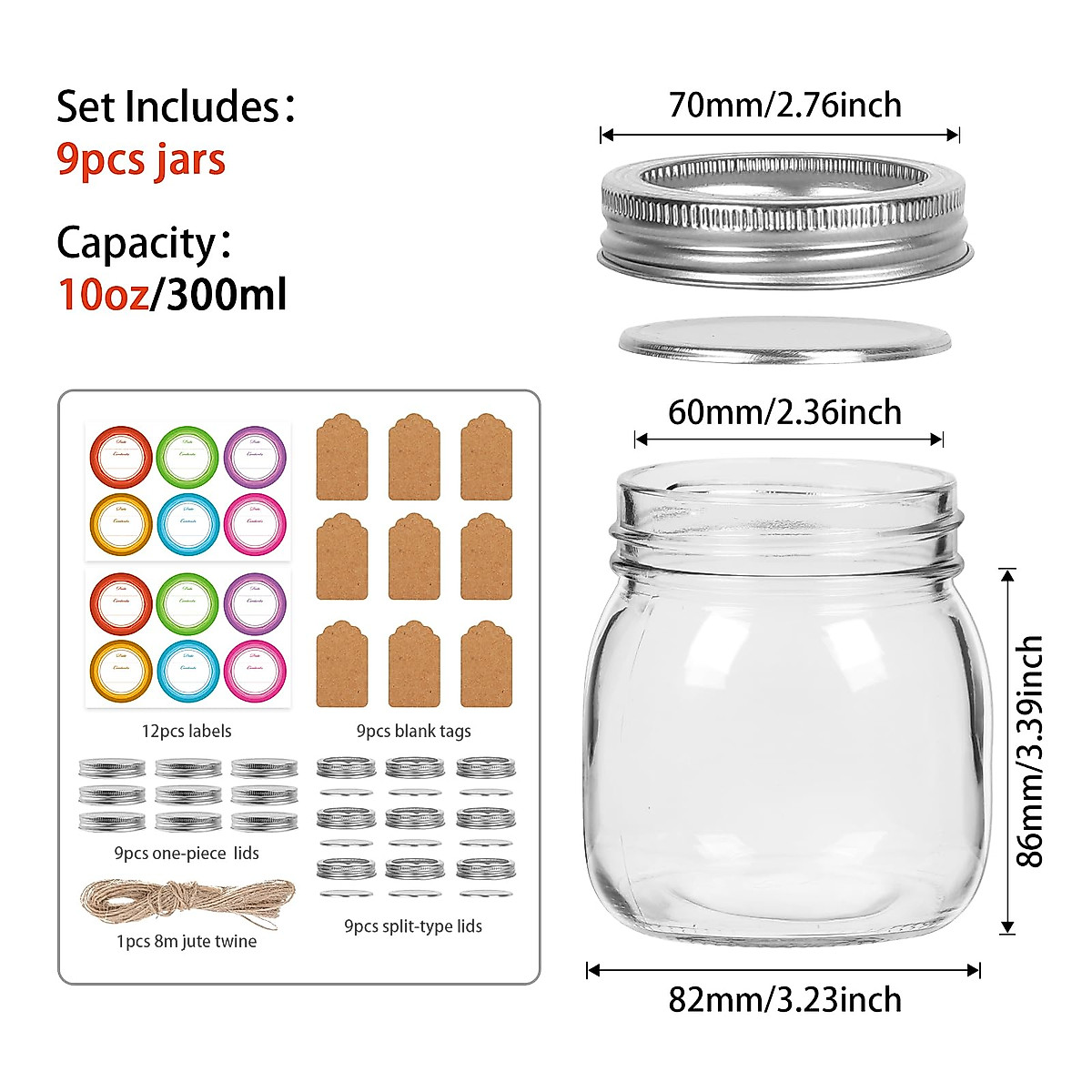10oz Wide Mouth Mason Jars, 9 Pack Round Canning Jars with Silver Regular Lids and Bands, with EXTRA 9pcs Regular Mouth Lids for Honey, Jelly, Yogurt and Wedding Favors