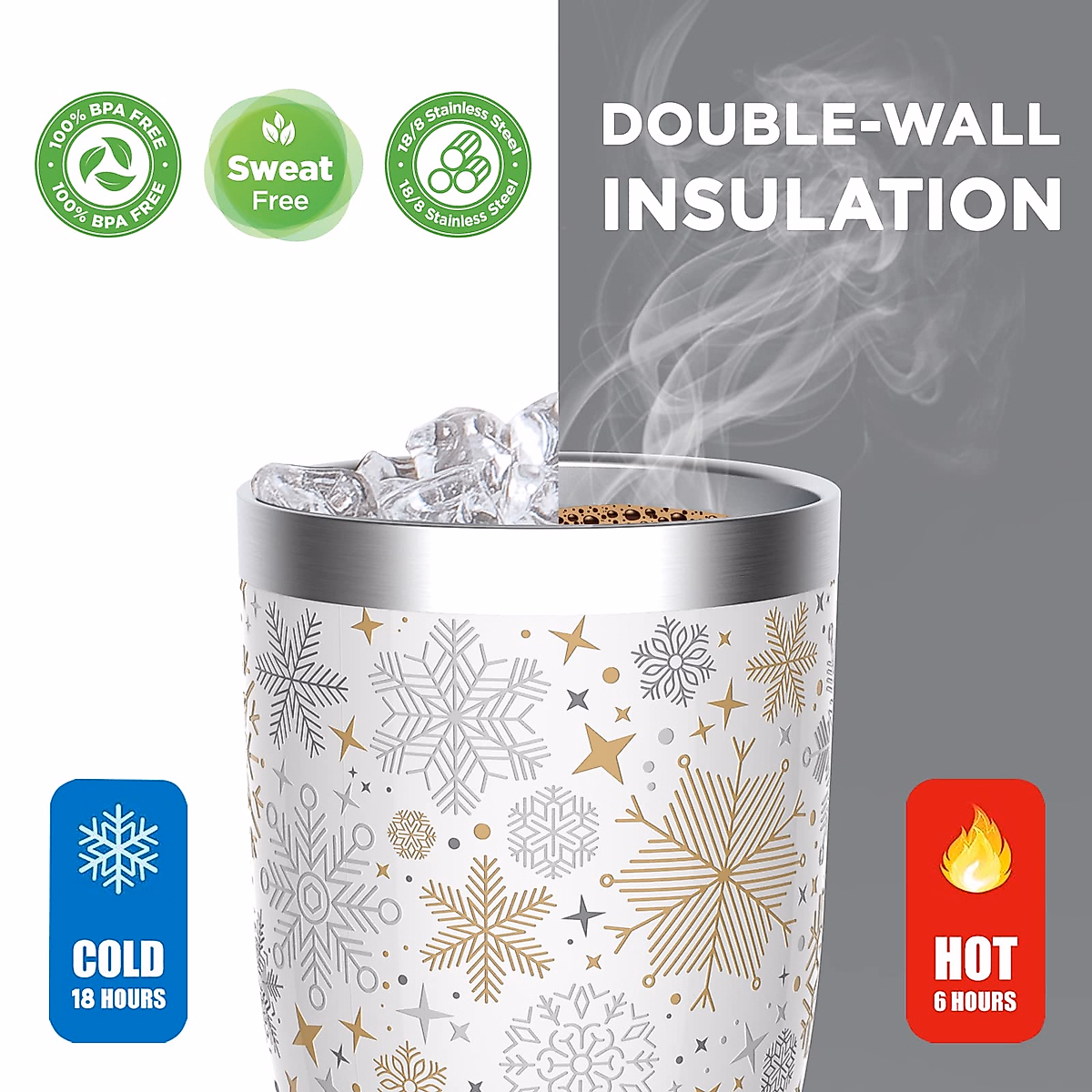 HAUSHOF 20oz Christmas Tumbler, Stainless Steel and Double Wall Insulated Travel Coffee Mug with Lid, Good Choice for Christsmas Gifts-White with Snowflakes