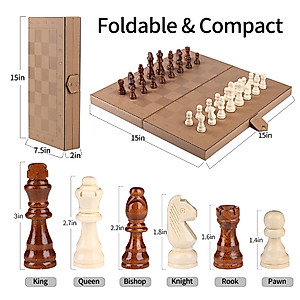 15" Magnetic Chess & Checkers Set，suwam Leather Portable Travel Chess Board Games，Beginner Large Chess Set for Kids and Adults