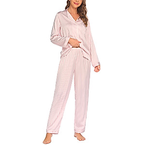 Ekouaer Silk Satin Pajamas Women's Long Sleeve Pj Set Soft Button Down 2 Piece Sleepwear Loungewear Pink Striped,M