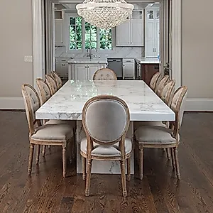 2xhome - French Country Vintage Chic Style Dining Side Chair with Upholstered Linen Welted Fabric and Elegant Natural Rustic Wood Frame - Tufted Button Oval Back