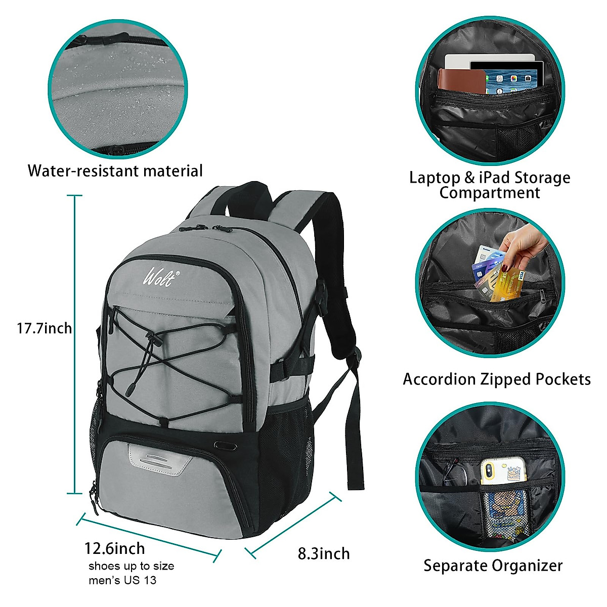 WOLT | Basketball Backpack Large Sports Bag with Separate Ball Holder & Shoes Compartment, Gifts for Basketball, Soccer, Volleyball, Swim, Gym, Travel (Light Grey)