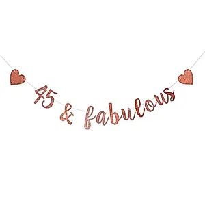 45 & Fabulous Banner, Happy 45th Birthday Bunting Sign, Hello 45/Cheer to 45 Years Birthday/Anniversary Party Decoration Supplies, Rose Gold Glitter