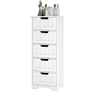 FOTOSOK Bathroom Floor Cabinet, Free-Standing Storage Cabinet with 5 Drawers, 11.8” x 15.7” x 40.1” Wooden Storage Cabinet with Cut-Out Handles, Side Tall Storage Cabinet for Bathroom, Living Room