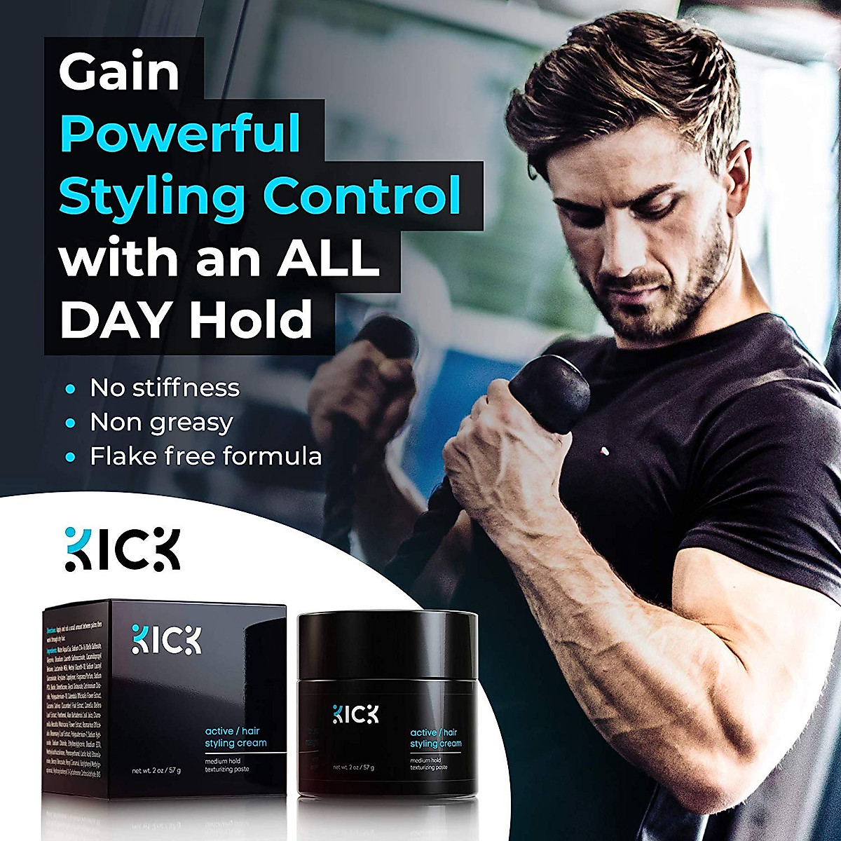 Kick Hair Cream for Men Medium Hold Forming Cream - Award Winning Mens Hair Products - Non Greasy Hair Styling Cream with Argan and Coconut Oil to Restore Dry, Damaged Hair - 2 Oz