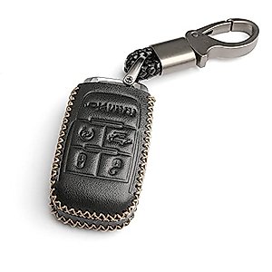 WFMJ Leather for 2019 2020 2021 Dodge RAM 2500 3500 4500 5500 Remote Smart 5 Buttons Key Case Holder Cover Fob Chain (Black)