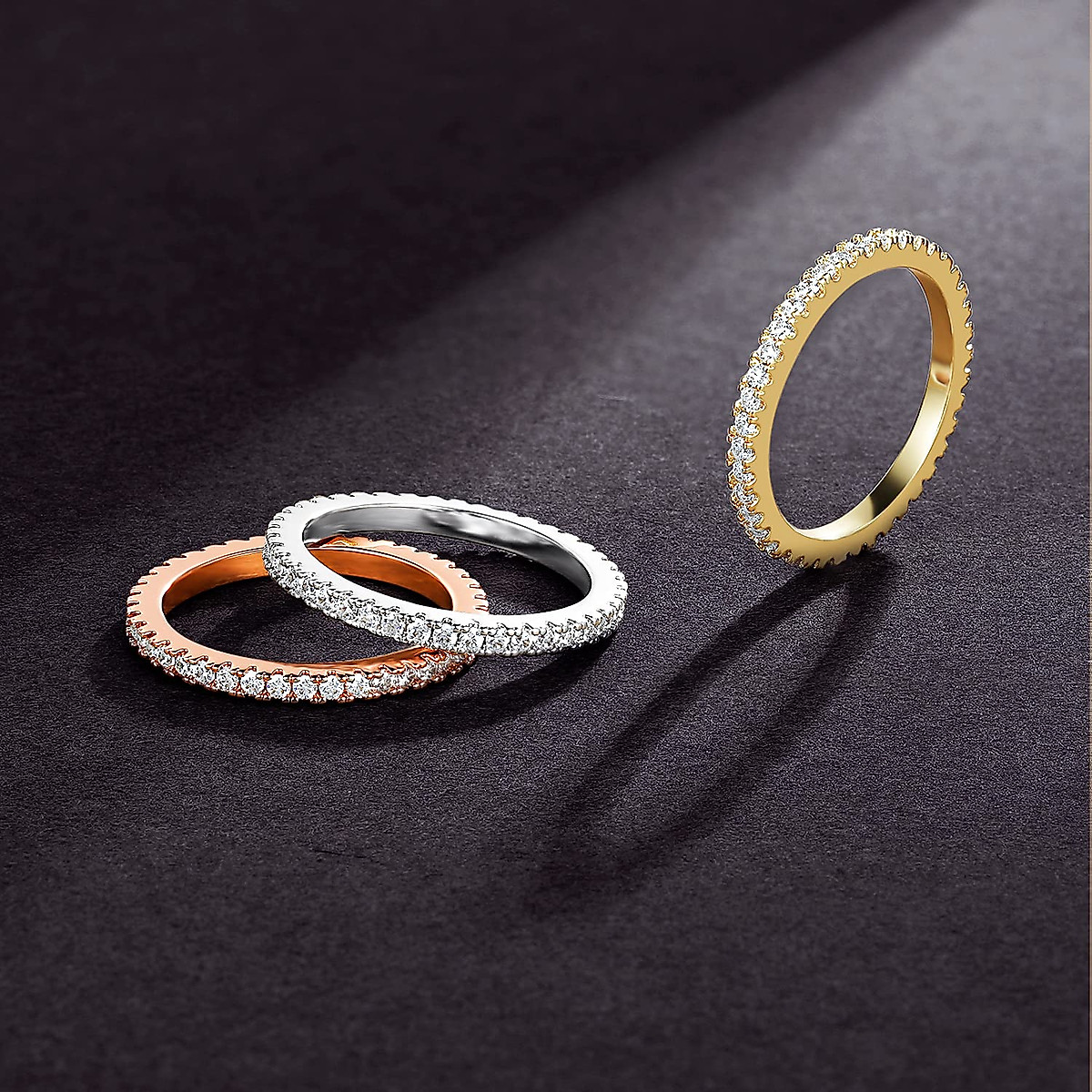 MDFUN Yellow Gold/Rhodium/Rose Gold Plated Cubic Zirconia Eternity Ring 3 PCS Set (8)