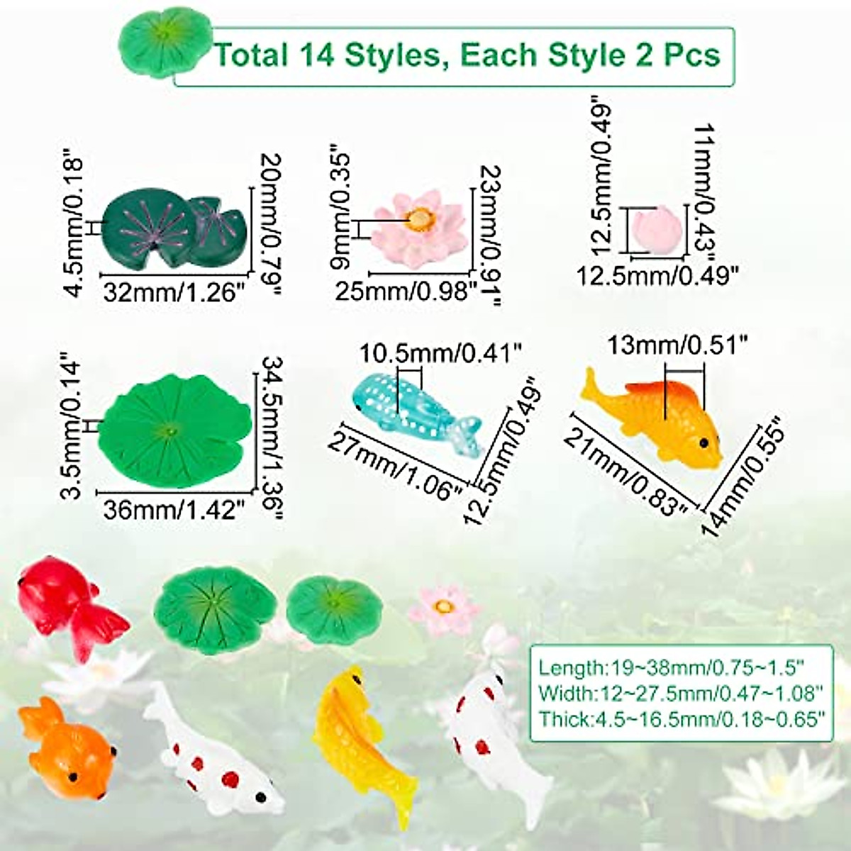 CHGCRAFT 28Pcs 14 Style Miniature Resin Water Lily Pads Aquarium Fish Tank Decoration Leaf-Realistic Artificial Floating Lotus Flowers for Terrariums Fairy Garden Pool Patio Pond Wedding Decor
