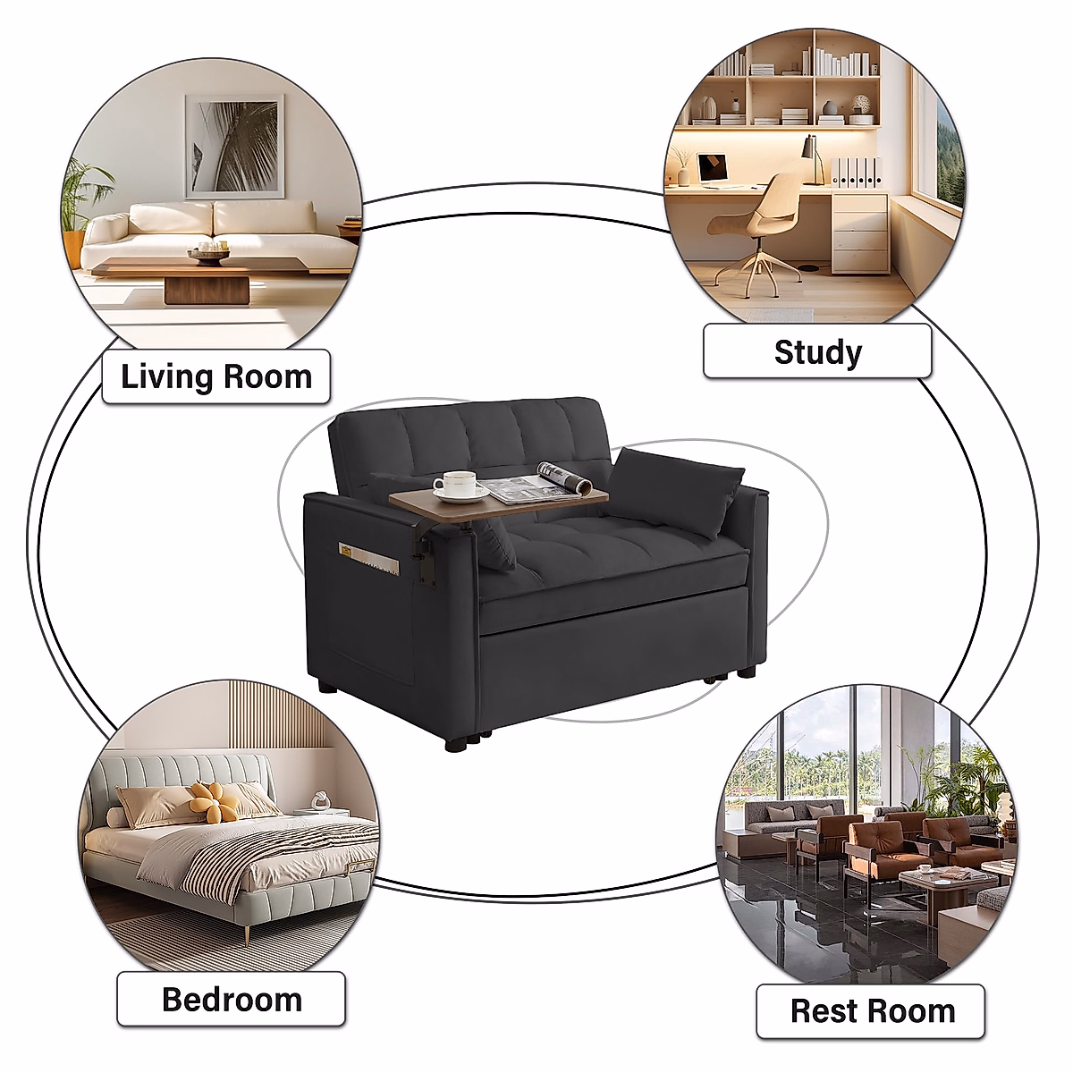 SPOWAY 3 in 1 Sleeper Sofa Couch Bed, Modern Velvet Convertible Sofa Bed with Adjustable Backrest & 2 Pillows, Hidden Side Table, Pull-Out Sofa Bed for Living Room Bedroom, Black