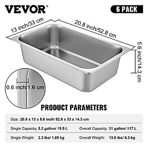 Vevor Hotel Pan Full Size 6-Inch, Steam Table Pan 6 Pack, 22 Gauge/0.8mm Thick Stainless Steel Full Size Hotel Pan Anti Jam Steam Table Pan : Industrial & Scientific