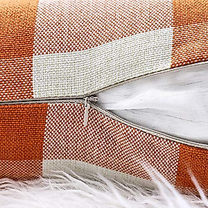 4TH Emotion Set of 2 Farmhouse Buffalo Check Plaid Throw Pillow Covers Cushion Case Polyester Linen for Fall Home Decor Orange and White, 18 x 18 Inches