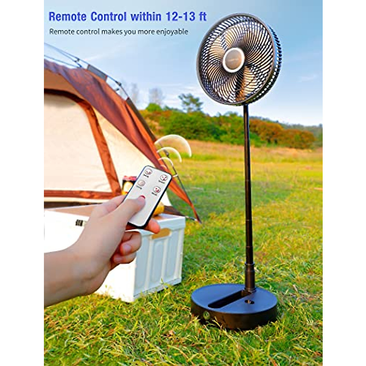 Airbition 12-Inch Rechargeable Oscillating Foldaway Pedestal Fan with Remote, Timer, 8-Speed, 7200mAh Battery Operated Cordless Standing Fan Portable for Home Bedroom Outdoor Camping Tent Travel