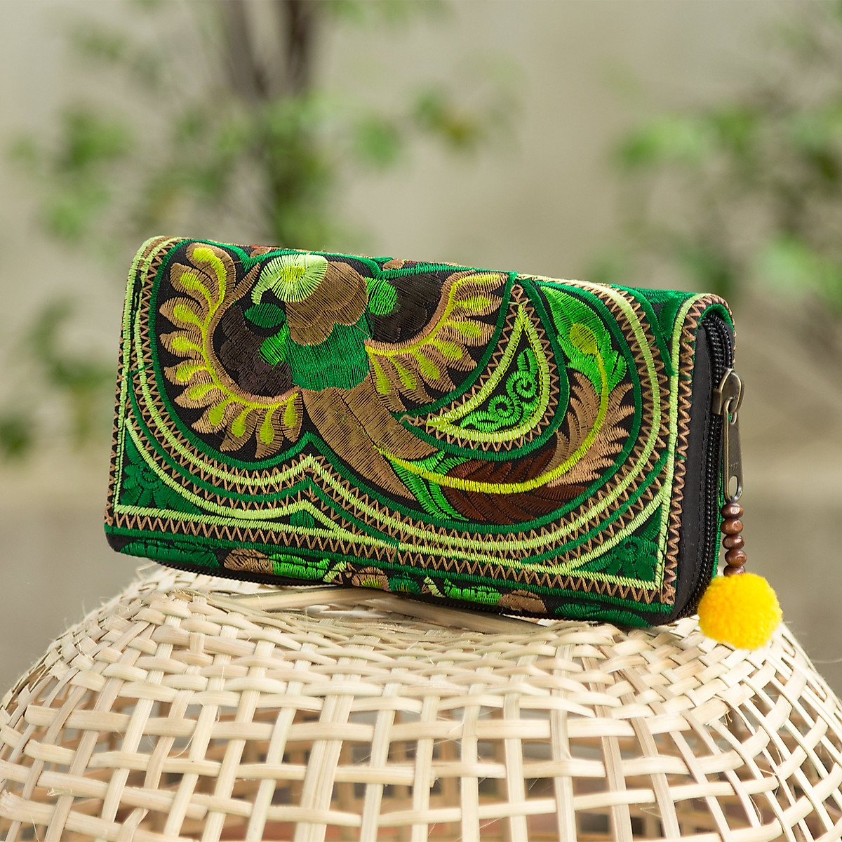 changnoi Unique Handmade Women's Wallet Thai Hmong Embroidered Fabric (Bird Green)