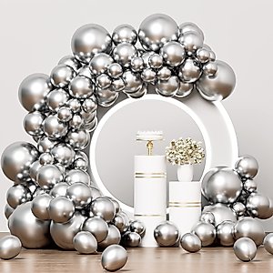 FOTIOMRG 125pcs Metallic Silver Balloons Different Sizes Pack, 18 12 10 5 inch Chrome Silver Latex Balloons Garland Kit for Birthday Baby Shower Disco Graduation Party Decorations