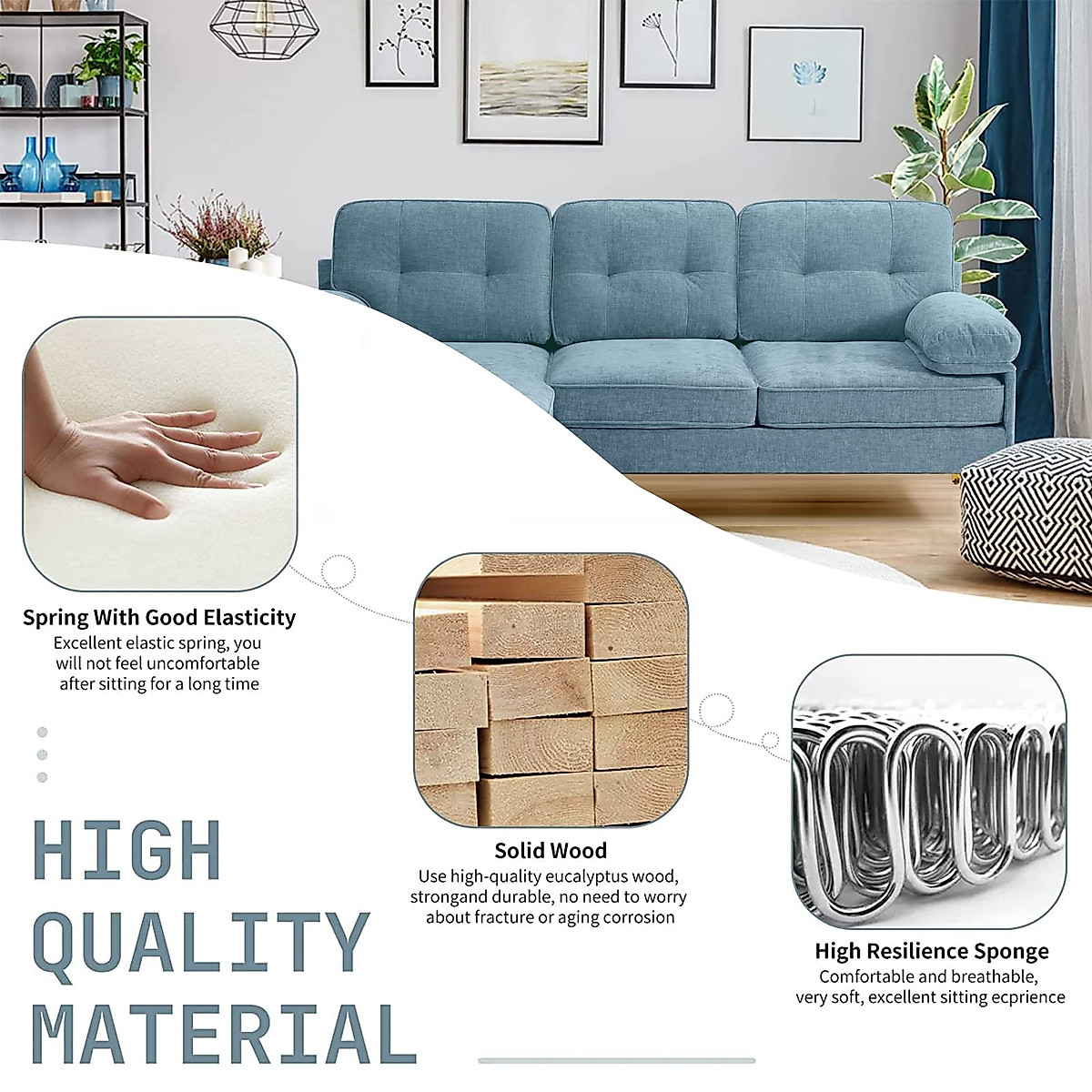 LEISLAND 79" Modern Sectional Sofa Couch for Living Room, Small Couches for Small Spaces, Chenille L Shaped Sofas with Solid Wood Frame, Detachable Cover, Attached Armrest(Light Blue)