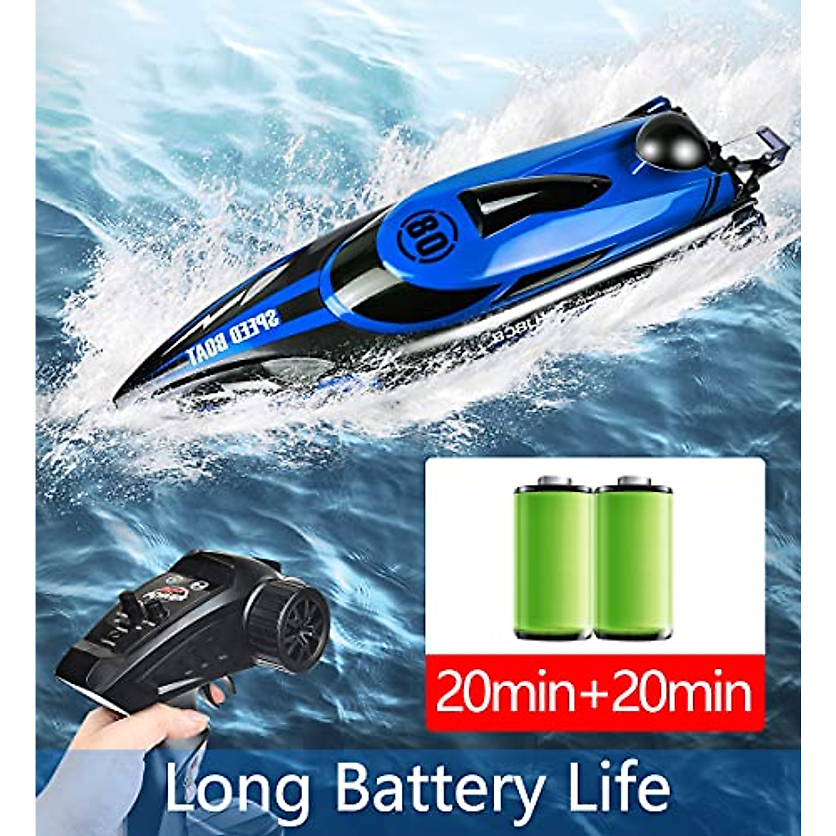 HONGXUNJIE 2.4Ghz RC Boat- 22+ MPH High Speed Remote Control Boat for Adults and Kids for Lakes and Pools with 2 Rechargeable Batteries, Low Battery Alarm, Capsize Recovery (Blue) Age 14+