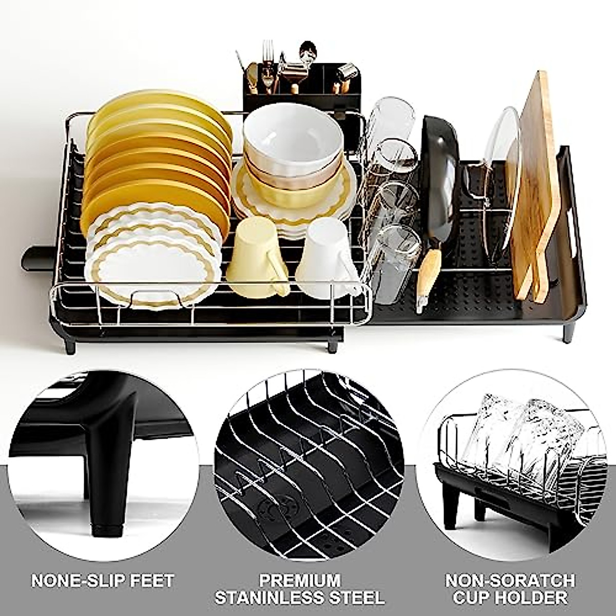Fixwal Large Dish Drying Rack, Dish Rack for Kitchen Counter, Expandable Stainless Steel Dish Drainers, Kitchen Gadgets with Utensil Holder & Drainboard for Various Kitchenware