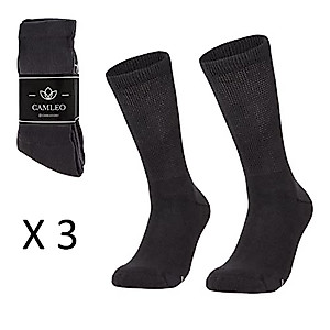 Camleo Black Diabetic Socks for Men, Crew Length Non-Binding Medical Compression Socks with Wide Calves for Diabetes Neuropathy Pain Relief (3 Pairs) (MEDIUM)