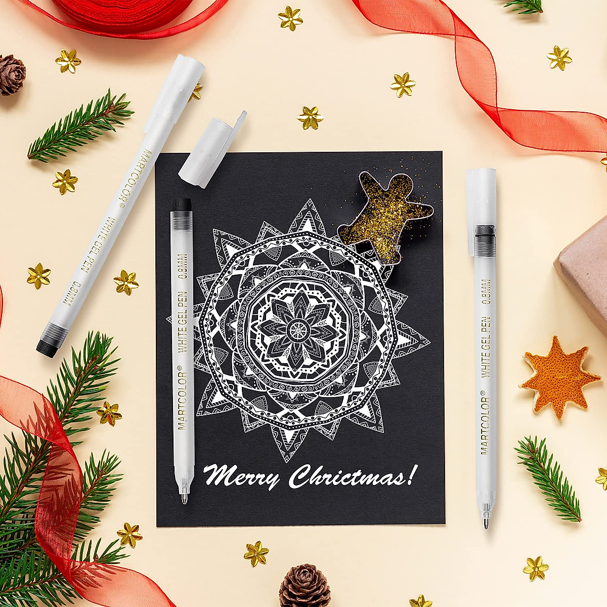 MARTCOLOR White Gel Pens Set, 6 Pack, 0.8mm Fine Point Pens Gel Ink Pens For Artists, Archival Ink Pens, White highlight Pens for Black Paper Drawing, Illustration, Sketching, Writing