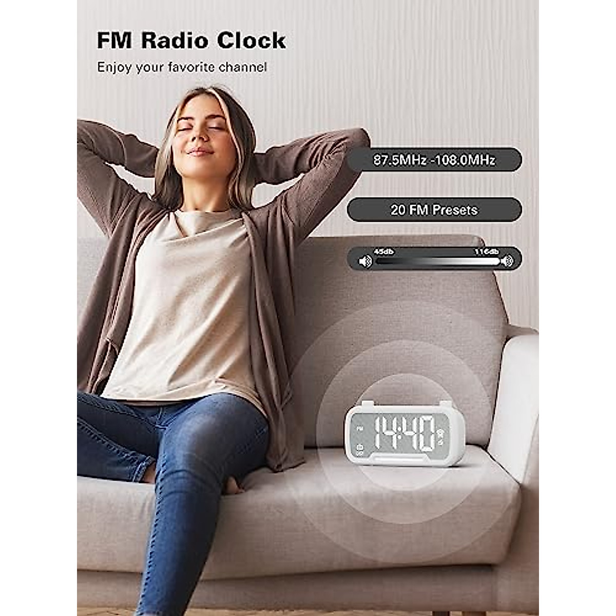 Alarm Clock with Bluetooth Speaker, FM Radio,Bedside Alarm Clock with 2 USB Chargers,Adjustable Dimmer and Volume,12/24H,Snooze,Battery Backup,Plugged in Clock Radio for Adult Kid Heavy Sleeper