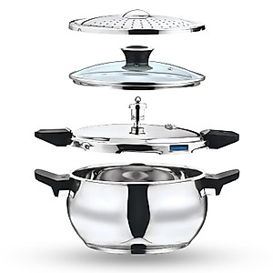 Vinod Magic Stainless Steel Smart 3 in 1 Pressure Cooker 5.5 Litre | 5mm Thick Base | All in One Cooker with Strainer & Glass Lid | Induction and Gas Base | ISI certified, Silver