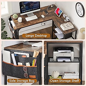 VECELO L Shaped Computer Desk 49 Inch Writing Study Corner Gaming Table with Storage Shelves and Side Bag, for Home Office Workstation