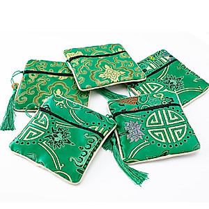 Onukaly 5PCS Jewelry Silk Purse Pouch, Chinese Silk Style Zipper Brocade Embroidered Bag for Women Coin Wallet (Green)