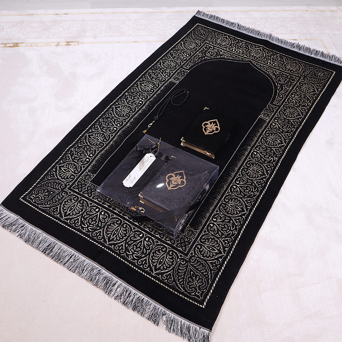 IEF Muslim Prayer Rug Islamic Prayer Mat Quran Prayer Beads Gift Set, Ramadan Eid Gifts, Birthday Gifts for Men, Velvet Prayer Rug Arabic Quran Pearl Tasbeeh