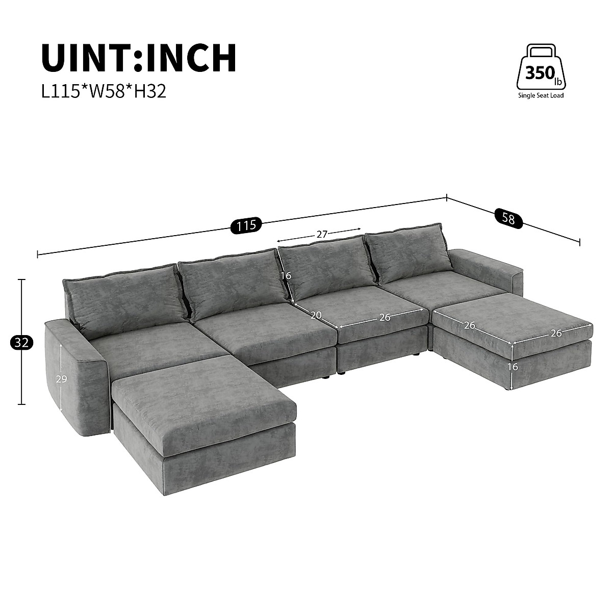 Ball & Cast 115" Chenille U-Shaped Sectional Sofa Set,Minimalist Style Chenille Modular Cloud Couch with Convertible Ottoman Chaise for Living Room,Free Combination,Gray