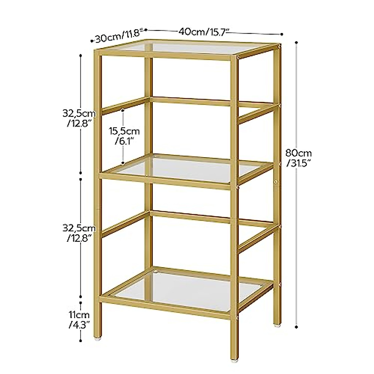 HOOBRO 3-Tier Bookcase, Tempered Glass Bookshelves, Record Storage Rack with Side Fence, Gold Bookshelf, Slim Shelving Unit for for Living Room, Bedroom, Home Office, Gold GD81CJ01