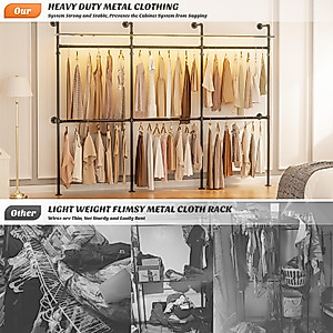 Aheaplus Industrial Pipe Clothing Rack, Reversible 118.3'' Clothes Rack for Hanging Clothes, Heavy Duty Garment Rack Closet Wardrobe Rack with LED Lights& Shelves, Walk-in Closet System, Black Oak