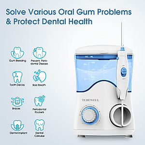 TUREWELL FC162 Water Dental Flosser for Teeth/Braces,10 Pressure Levels, 8 Water Jet Tips for Family, 600ML Electric Water Dental Oral Irrigator for Teeth Clean (White)