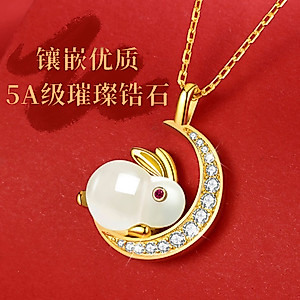 B&D mothers day gifts for Women Girls Bunny Necklace Cute Jade Bunny Rabbit On The Moon Pendant Rabbit Necklace Easter Gifts for Women Girls Necklace for Women Teen Girls S925 Sterling Silver Hypoallergenic Dainty Tiny Crescent Choker 18" Chain Collar Del