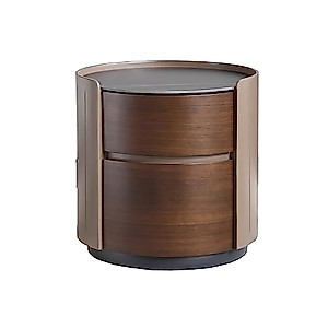 Round Bedside Table Slate Top Modern Nightstand W/ 2 Drawer End Table Side Table Solid Wood Bedside Cabinet for Bedroom Living Room Decor