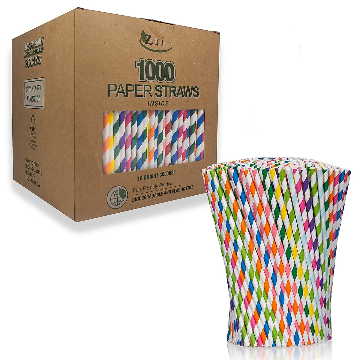 Zunii 1000 Pack Multi-Color Biodegradable Paper Straws - 10 Bright Colors - Eco Friendly Straws for Juice, Soda, Cocktails, Shakes - Great for Birthday Parties, Bridal Showers, Cake Pop Sticks