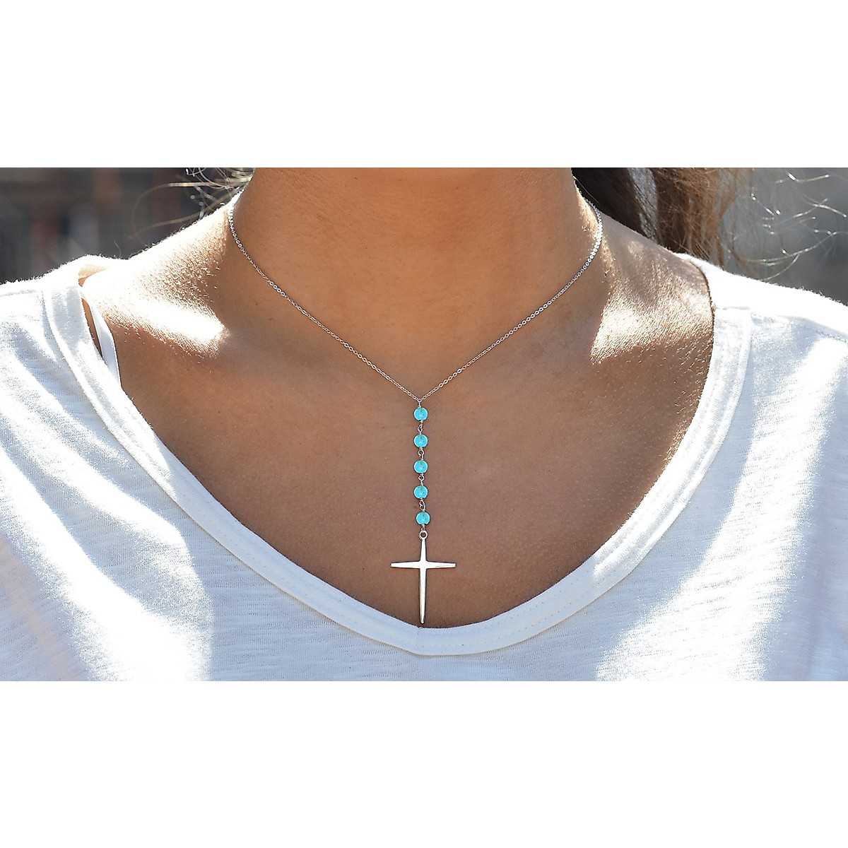 NYC Sterling Women Silver Turquoise Beaded Drop Cross Necklace