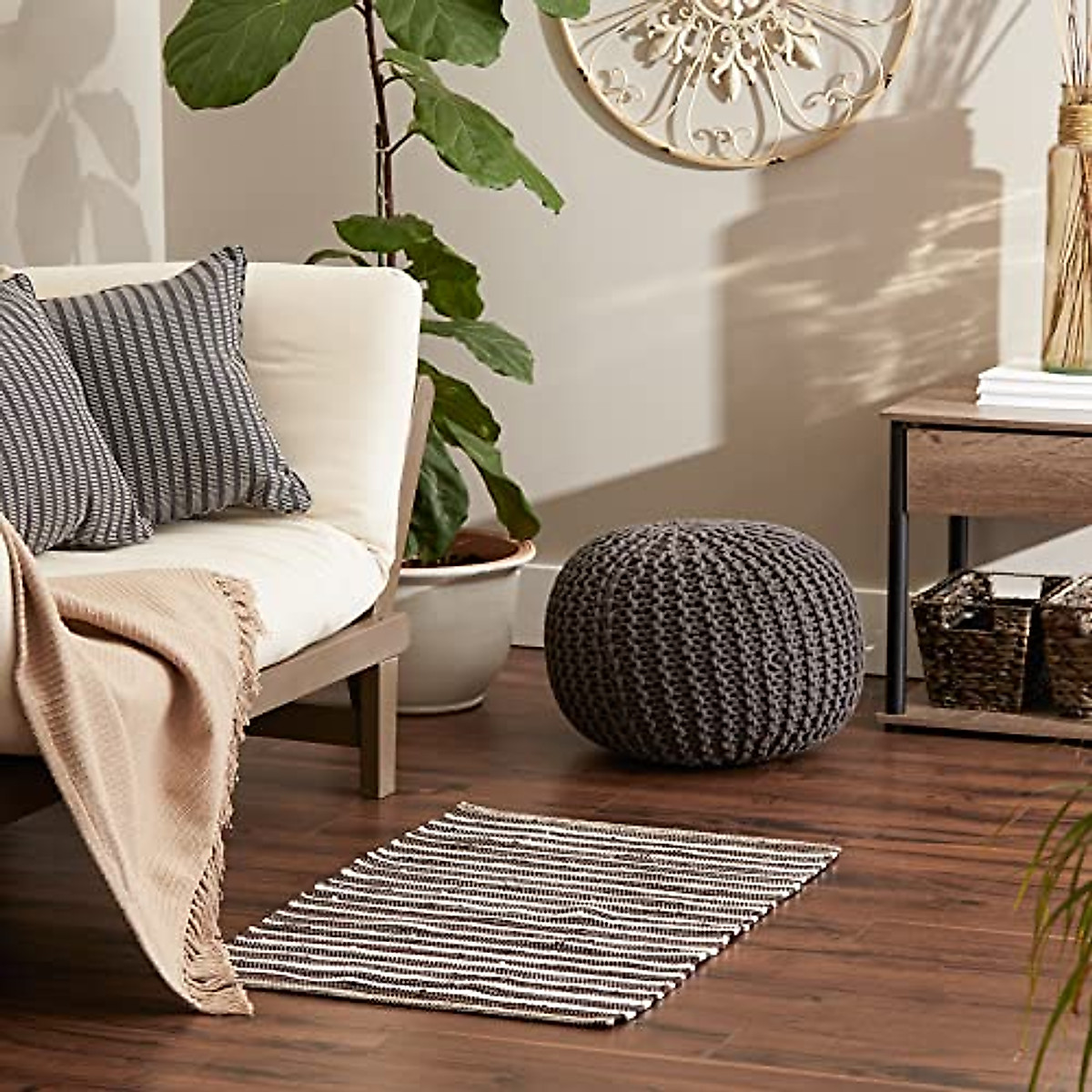 DII Chindi Home Collection Cotton Handwoven Slim Stripe Area Rag Rug, 2x3', Dark Brown