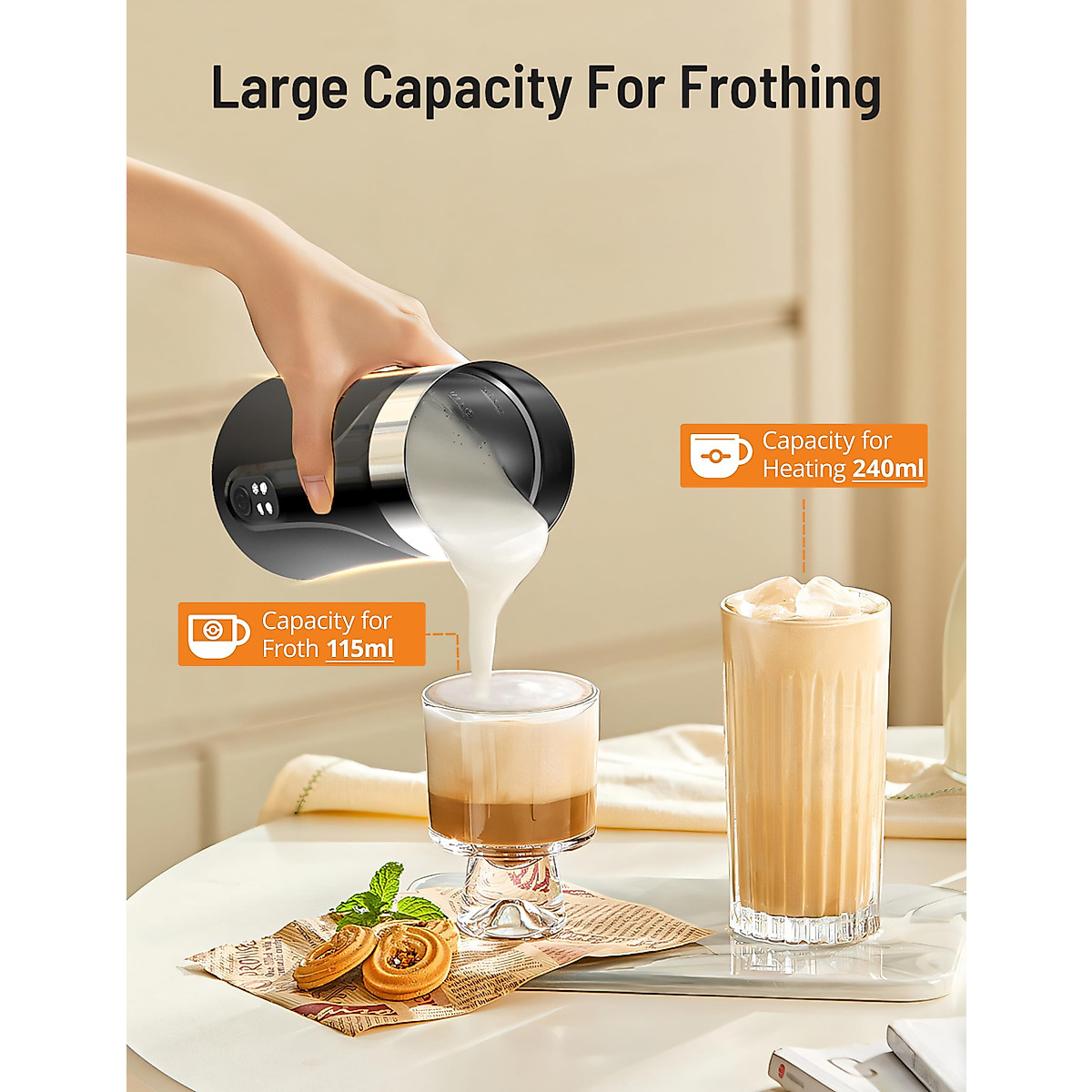 KLEAH 4 in 1 Milk Frother and Steamer, Non-Slip Design, Stainless Steel, Silent Operation Hot & Cold Milk Steamer, Auto Shut-Off Frother for Latte, Coffee, Cappuccino, Macchiato, Easy Cleaning, 240ml