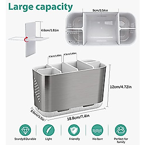 Boperzi Toothbrush Holder Toothpaste Organizer Drainage for Bathroom Vanity, Large Brushed Nickel Toothbrush Storage Caddy Anti-Slip Rustic with Adjustable Dividers for Family, Kids